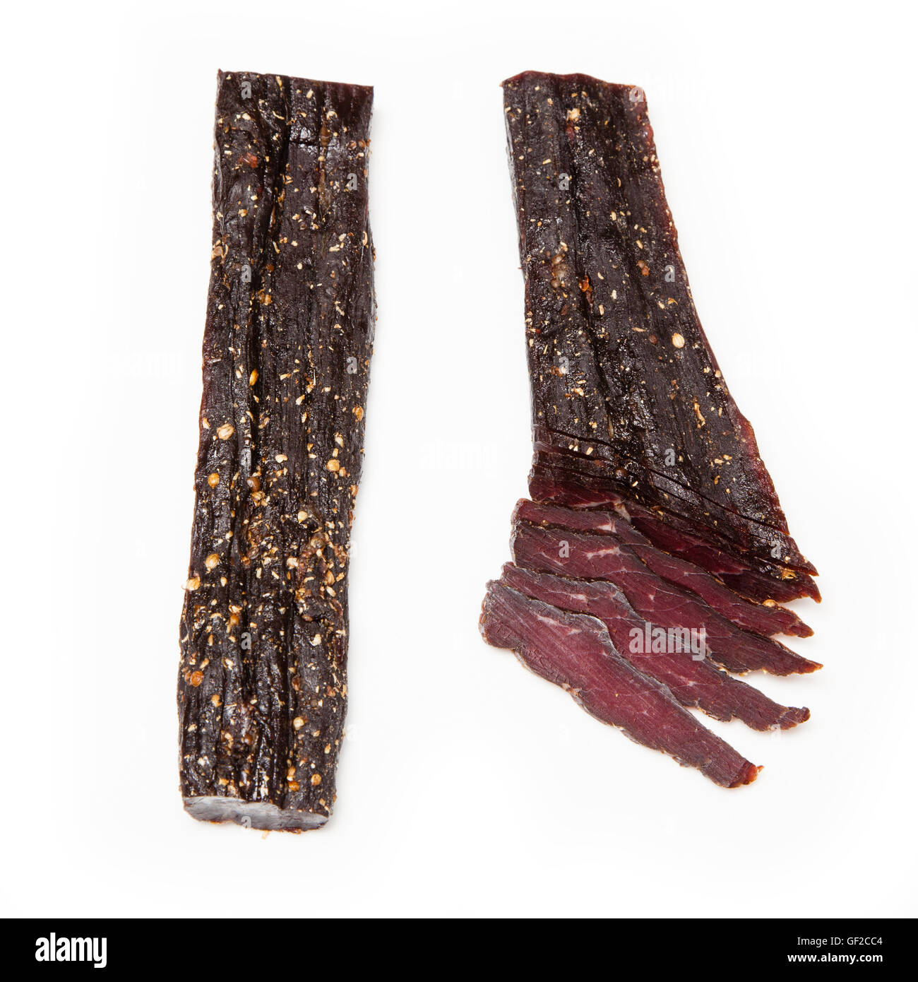 Beef Biltong sticks isolated on a white studio background Stock Photo ...