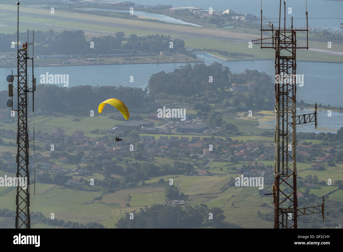 Paraglider in flight with colourful wing, canopy. Views from the ...