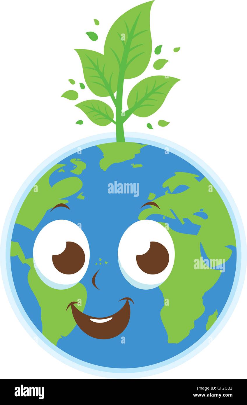 Cartoon planet Earth character and a growing tree. Save the planet ...