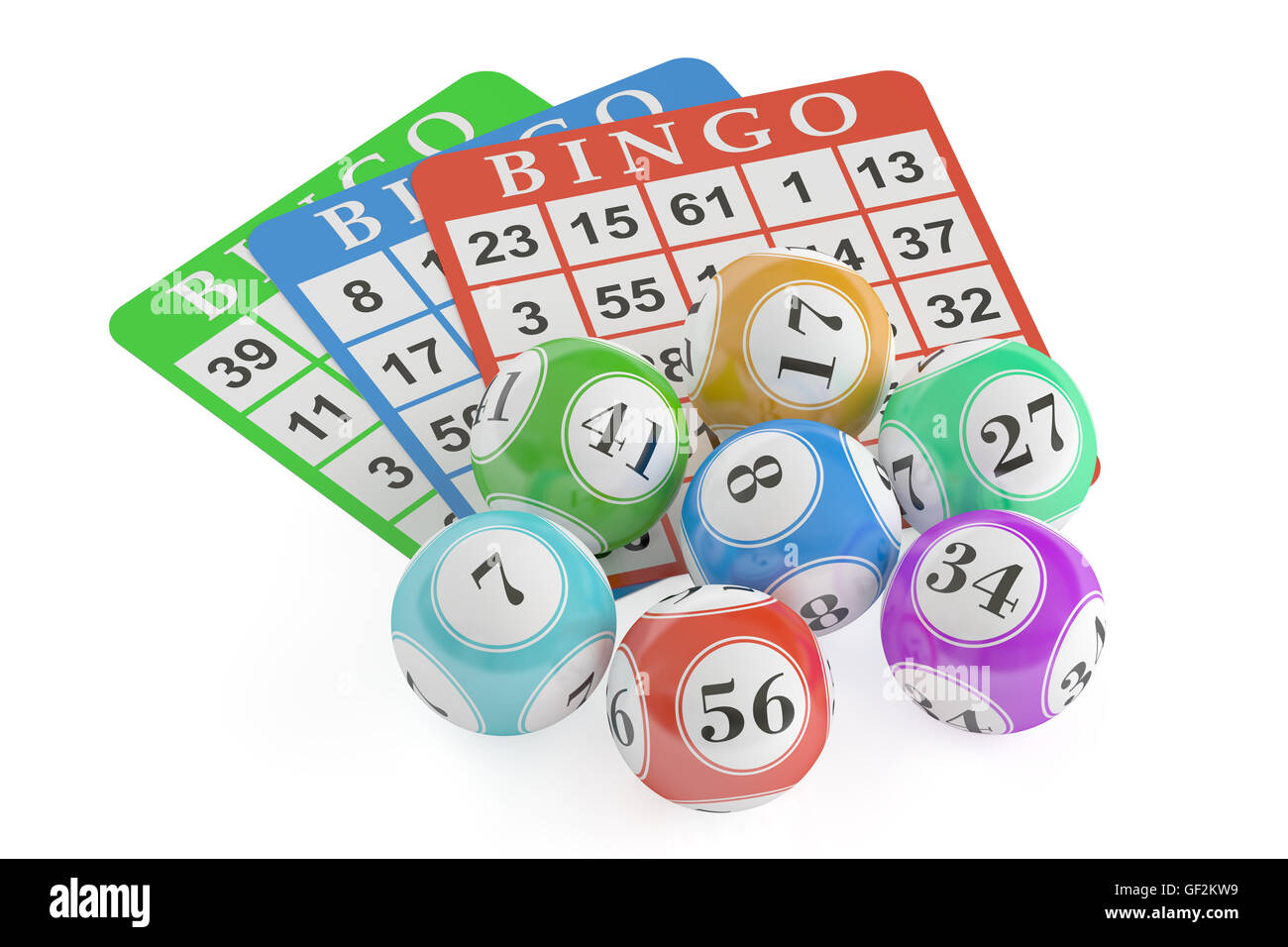 Bingo concept, lottery balls and cards. 3D rendering isolated on black ...