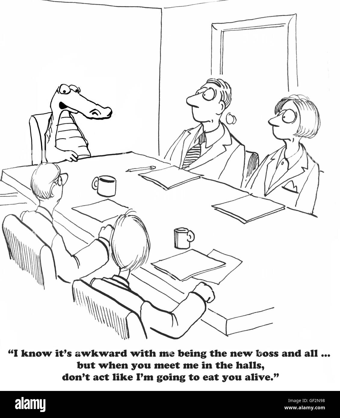 Business cartoon about having a scary, new boss Stock Photo - Alamy