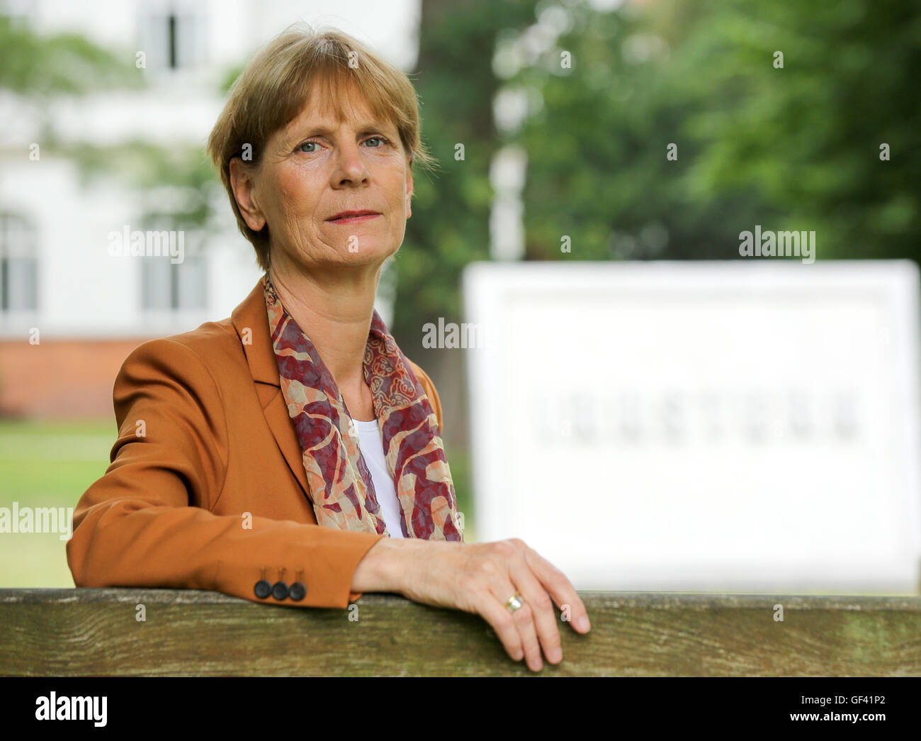 Historian Gerda Engelbracht poses in front of the memorial 'Irrstern ...