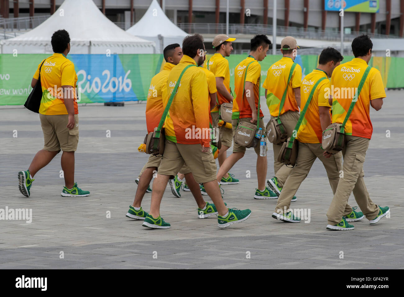 Rio de Janeiro, Brazil. 28th July, 2016. Volunteers walking in the ...
