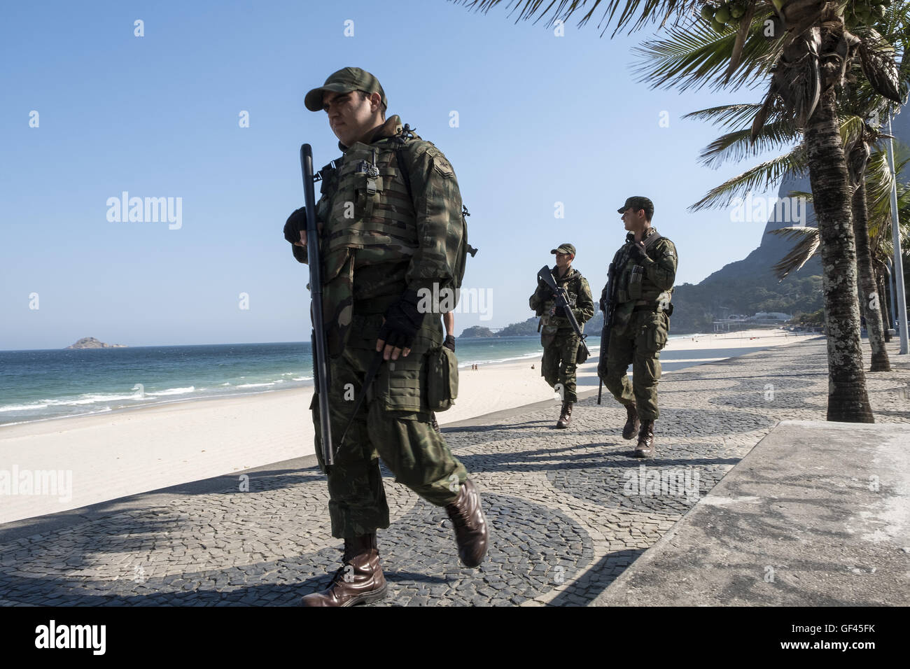 Rio de Janeiro, Brazil. 27th July, 2016. Military soldiers patrolling ...