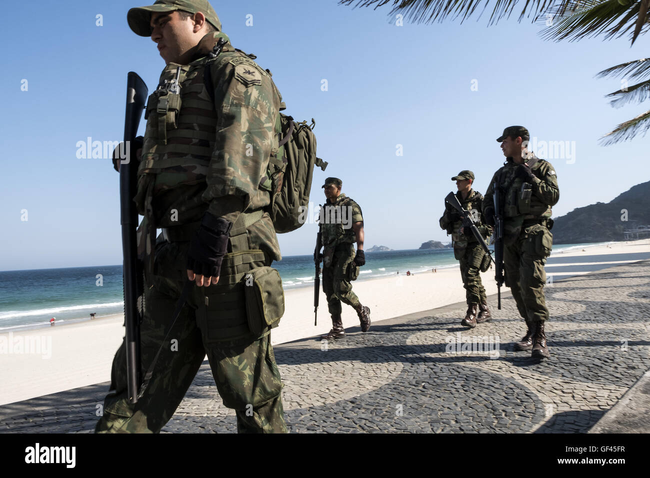 Rio de Janeiro, Brazil. 27th July, 2016. Military soldiers patrolling ...