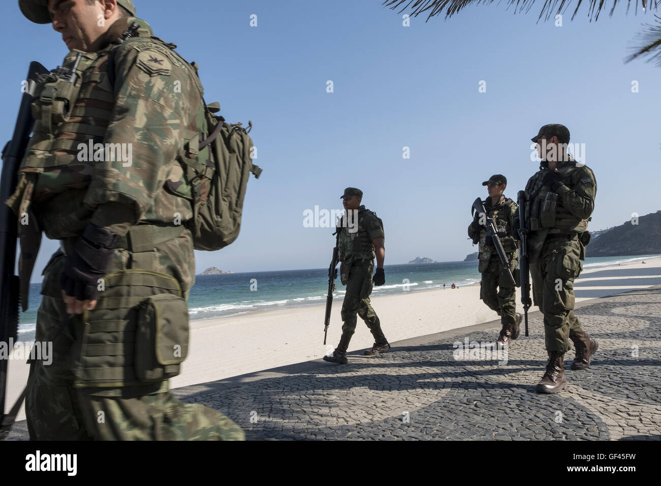 Rio de Janeiro, Brazil. 27th July, 2016. Military soldiers patrolling ...