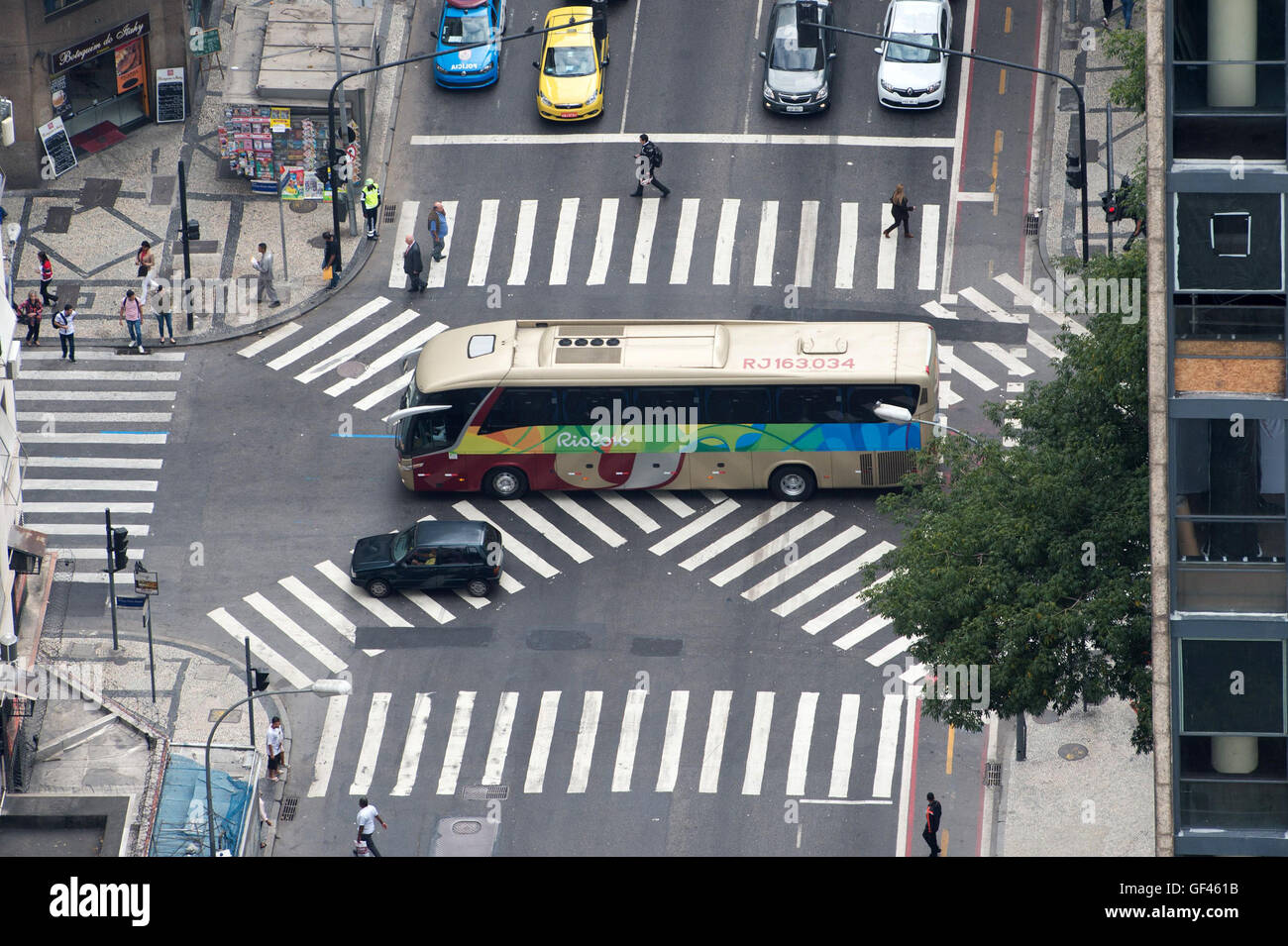 August. 29th July, 2016. A bus with the Olympic Rio 2016 logo crosses ...