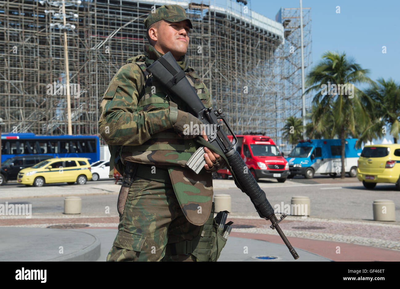 August. 29th July, 2016. Brazilian armed military guards in front of ...