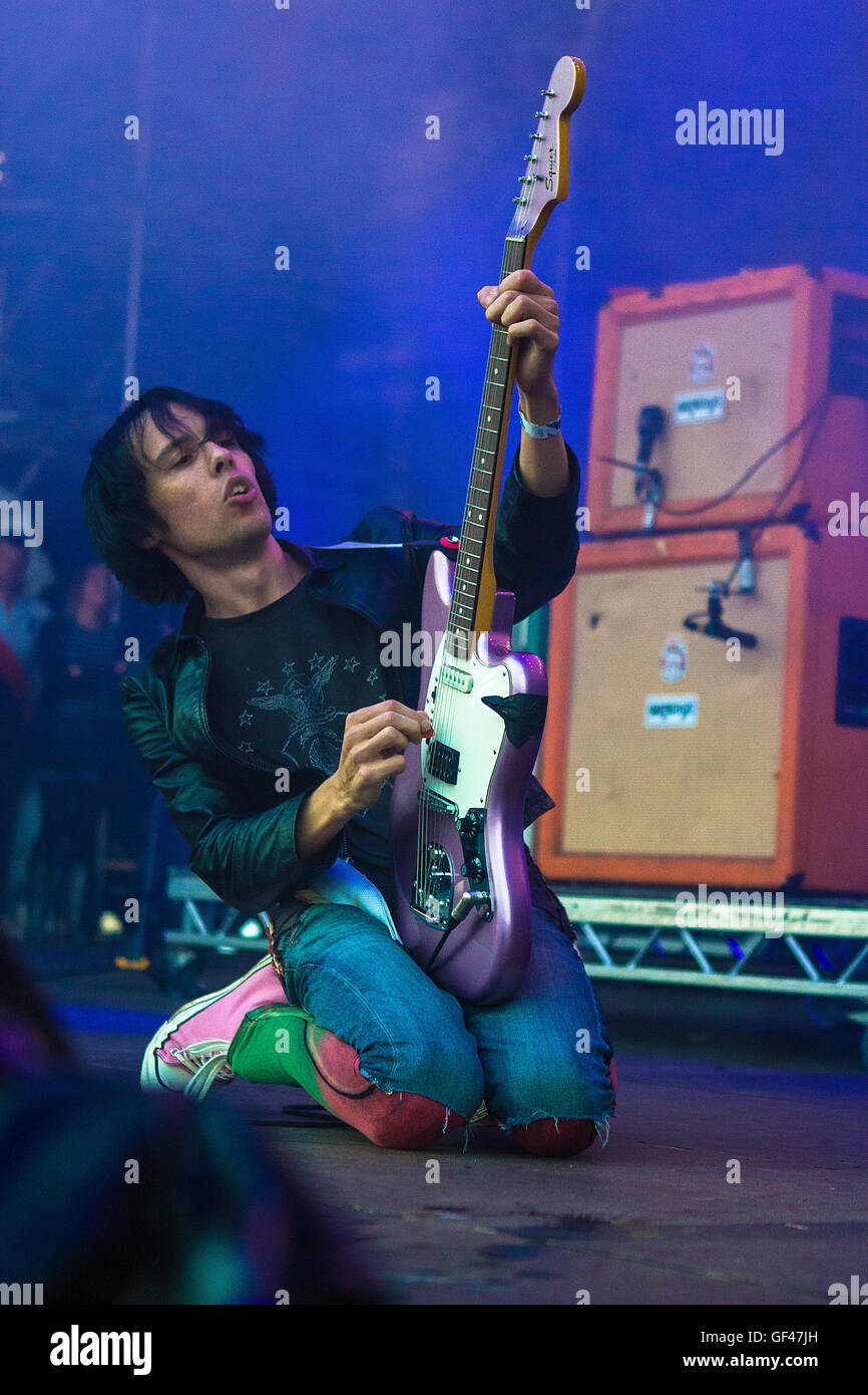 Ryan Jarman of The Cribs performing on the Main Stage at Y Not Festival ...