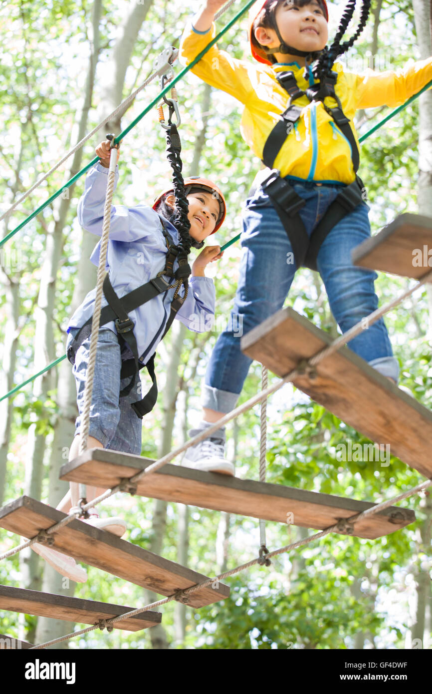 Happy Chinese children playing in tree top adventure park Stock Photo ...