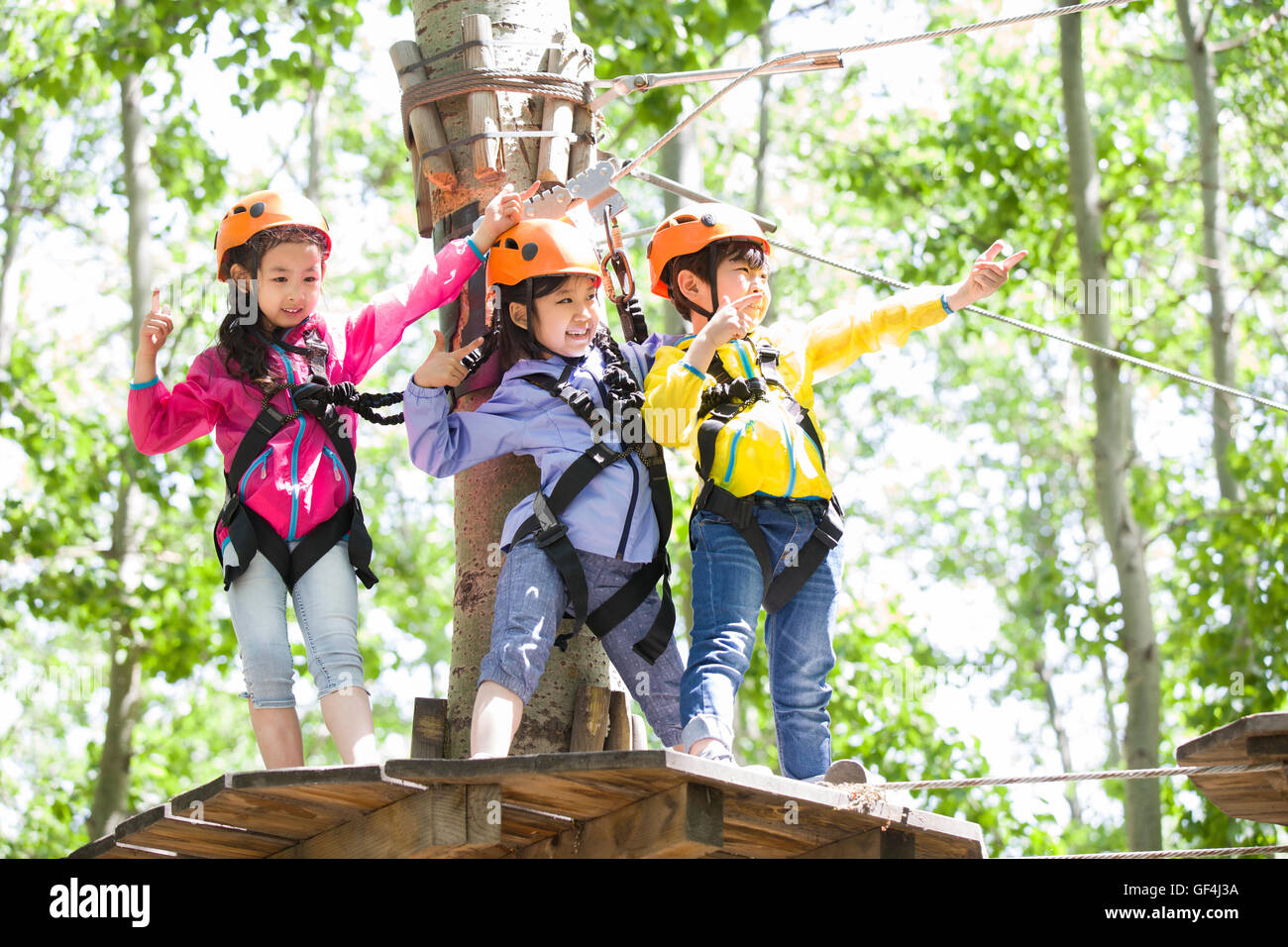 Happy Chinese children playing in tree top adventure park Stock Photo ...