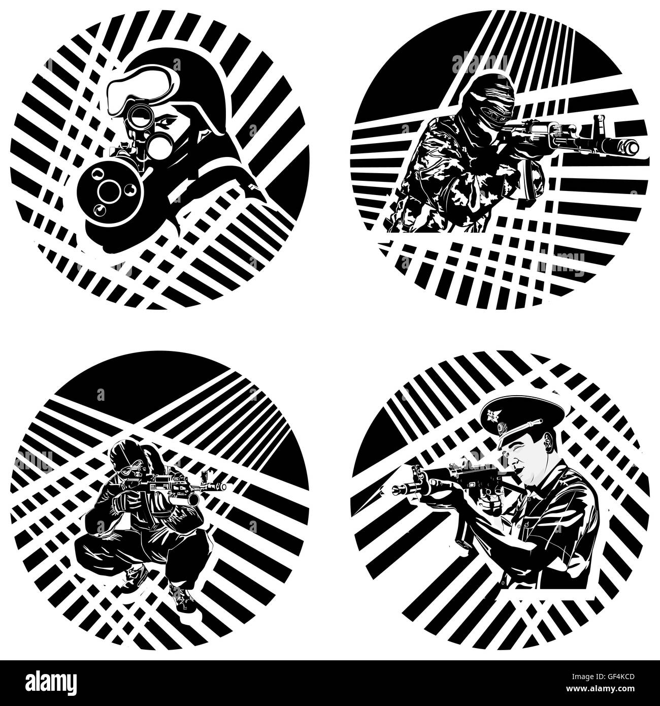 Icons with soldiers armed with automatic weapons. The illustration on a ...