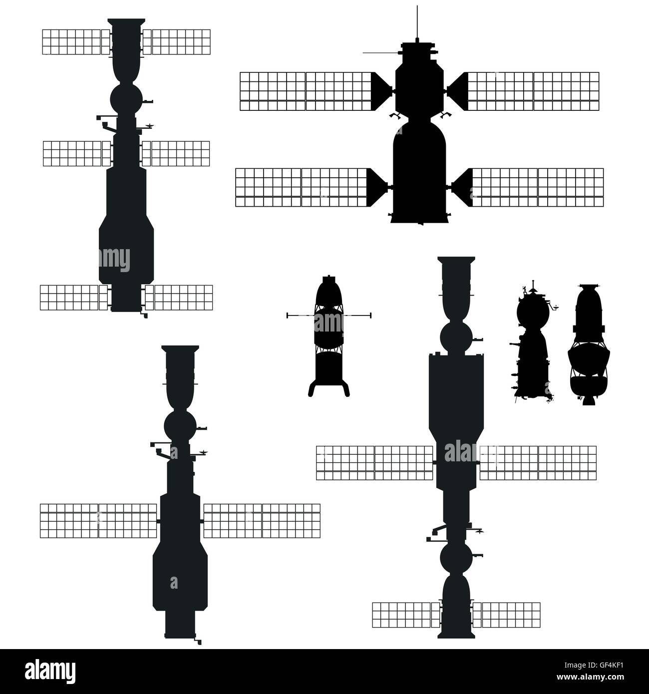 Space satellites and orbital stations. The illustration on a white ...