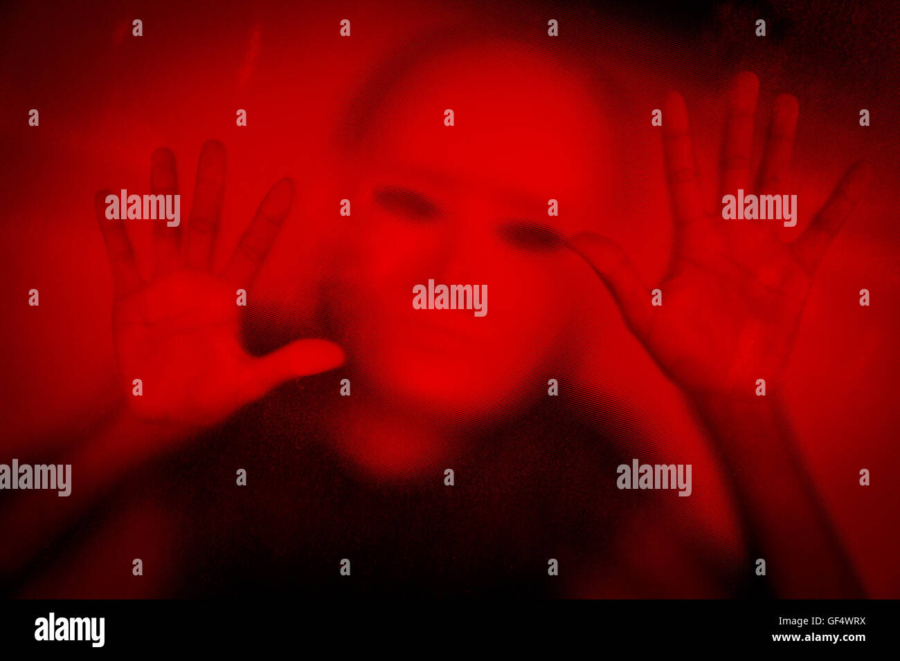 Woman wearing white mask behind stained or dirty window glass,Scary ...