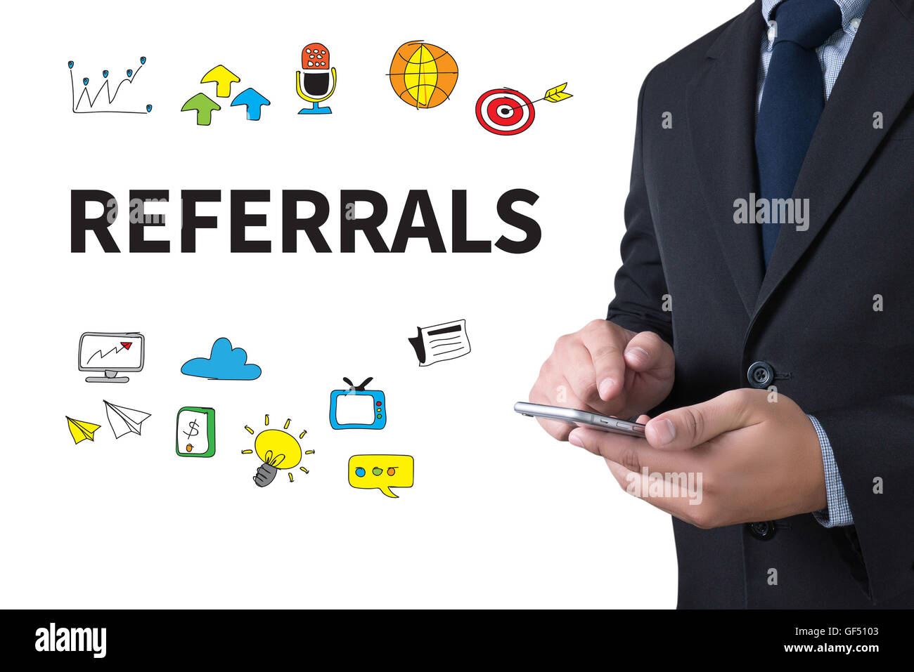REFERRALS Business team hands at work Stock Photo - Alamy