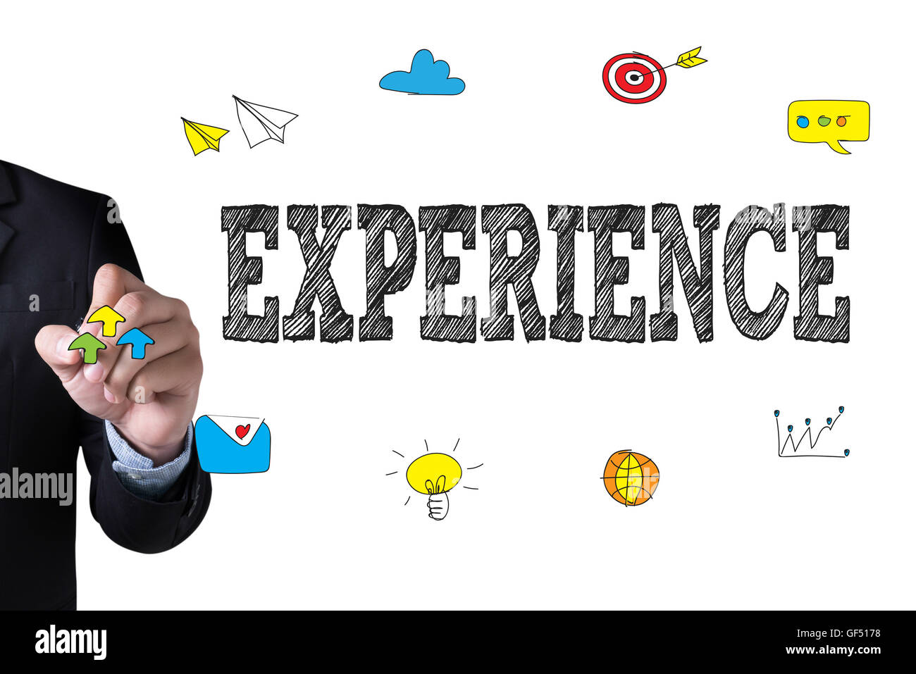 EXPERIENCE and Businessman drawing Landing Page on white background ...