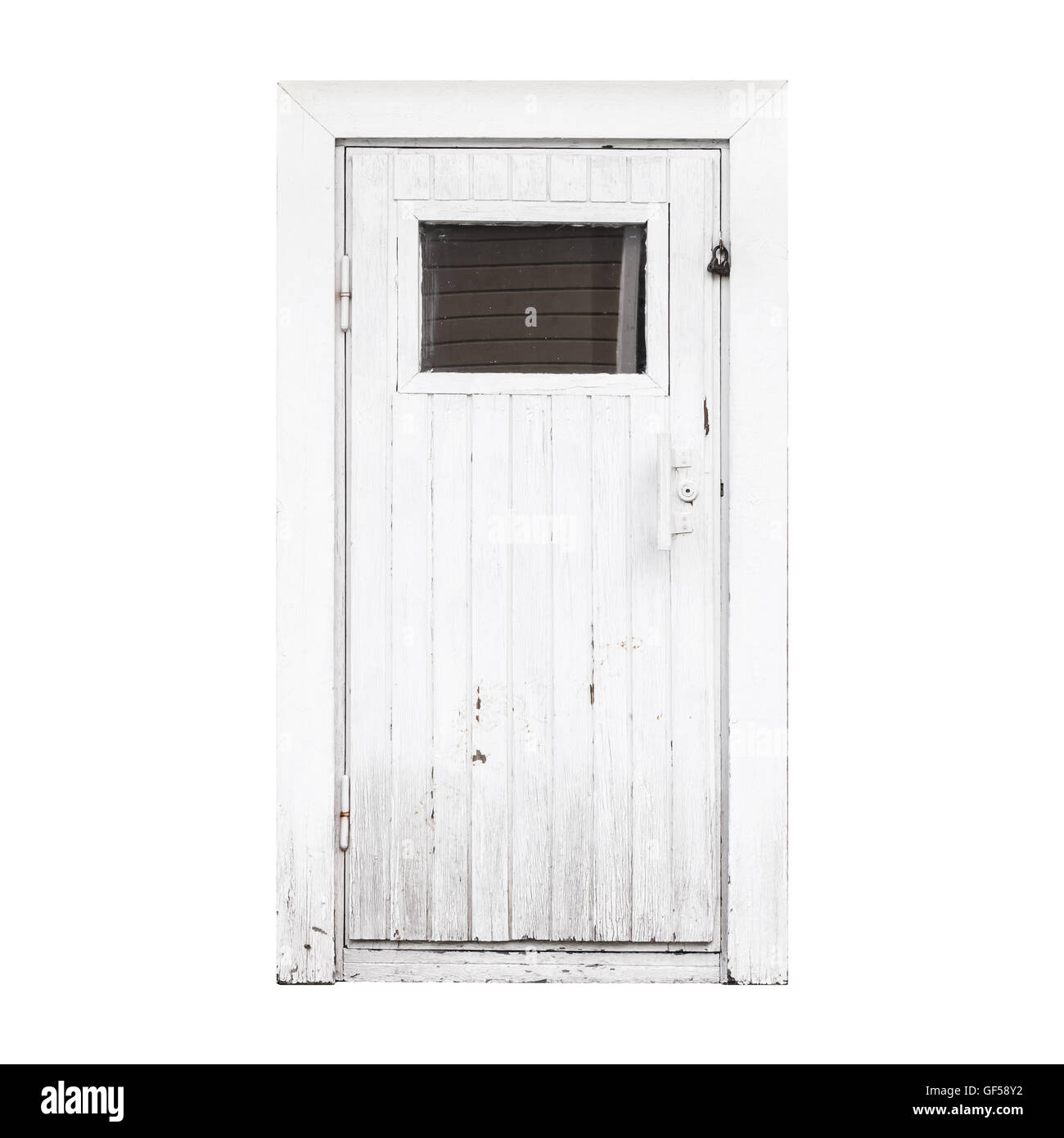 Small rural white wooden door with padlock and window isolated on white ...