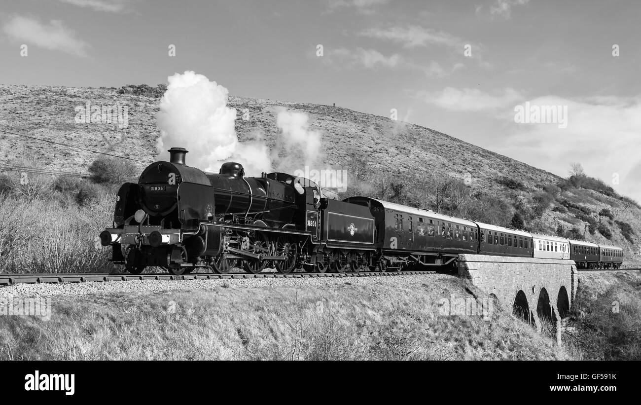 Steam train passing by Corfe Castle Stock Photo - Alamy