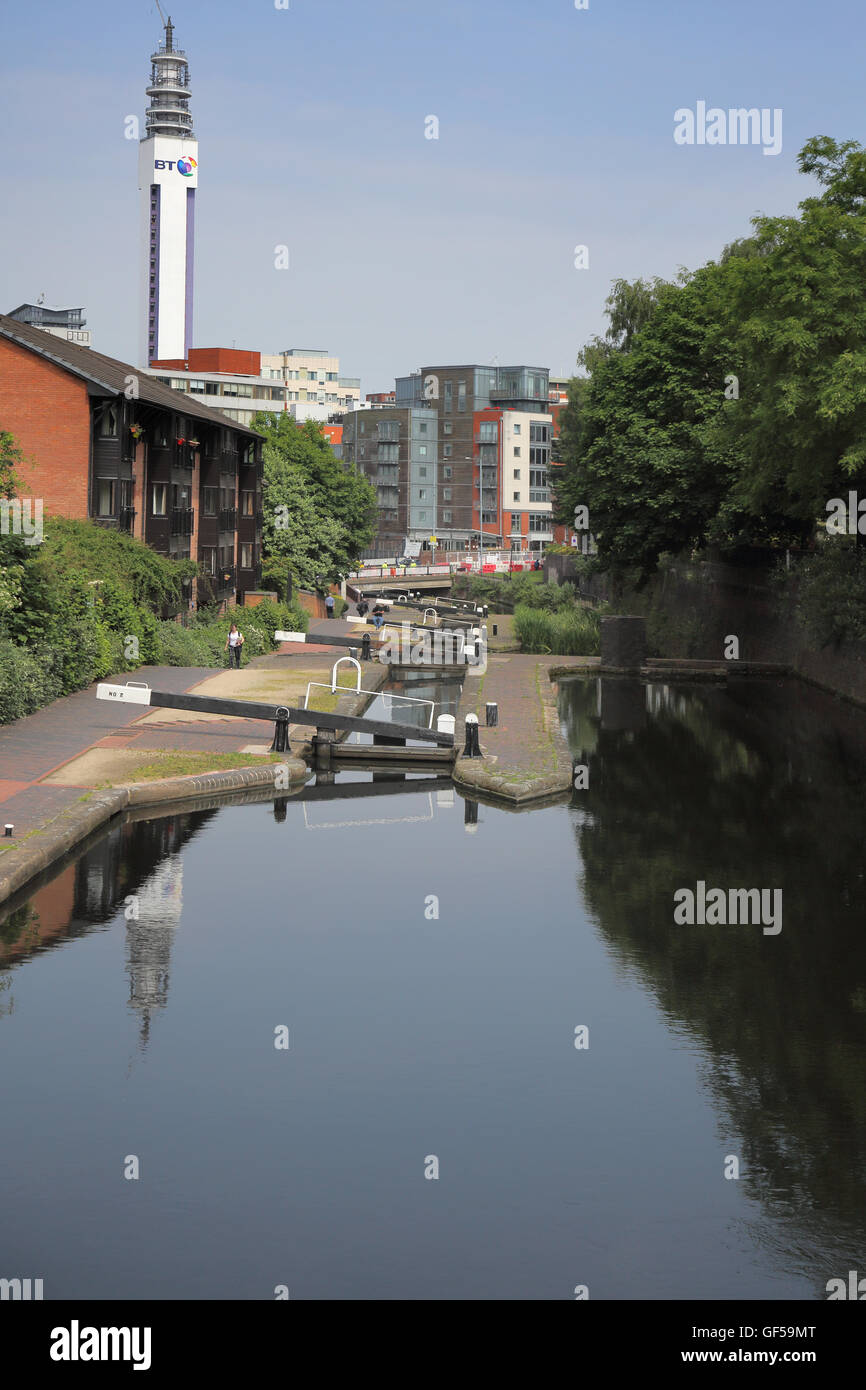 BT telecom tower reflected in the canals of birmingham Stock Photo - Alamy