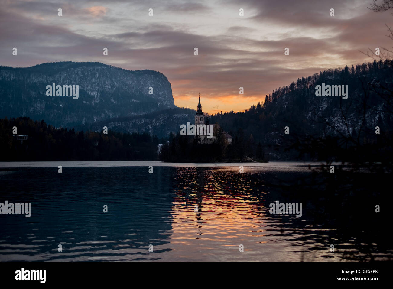 Beautiful sunset over Lake Bled, Slovenia Stock Photo - Alamy