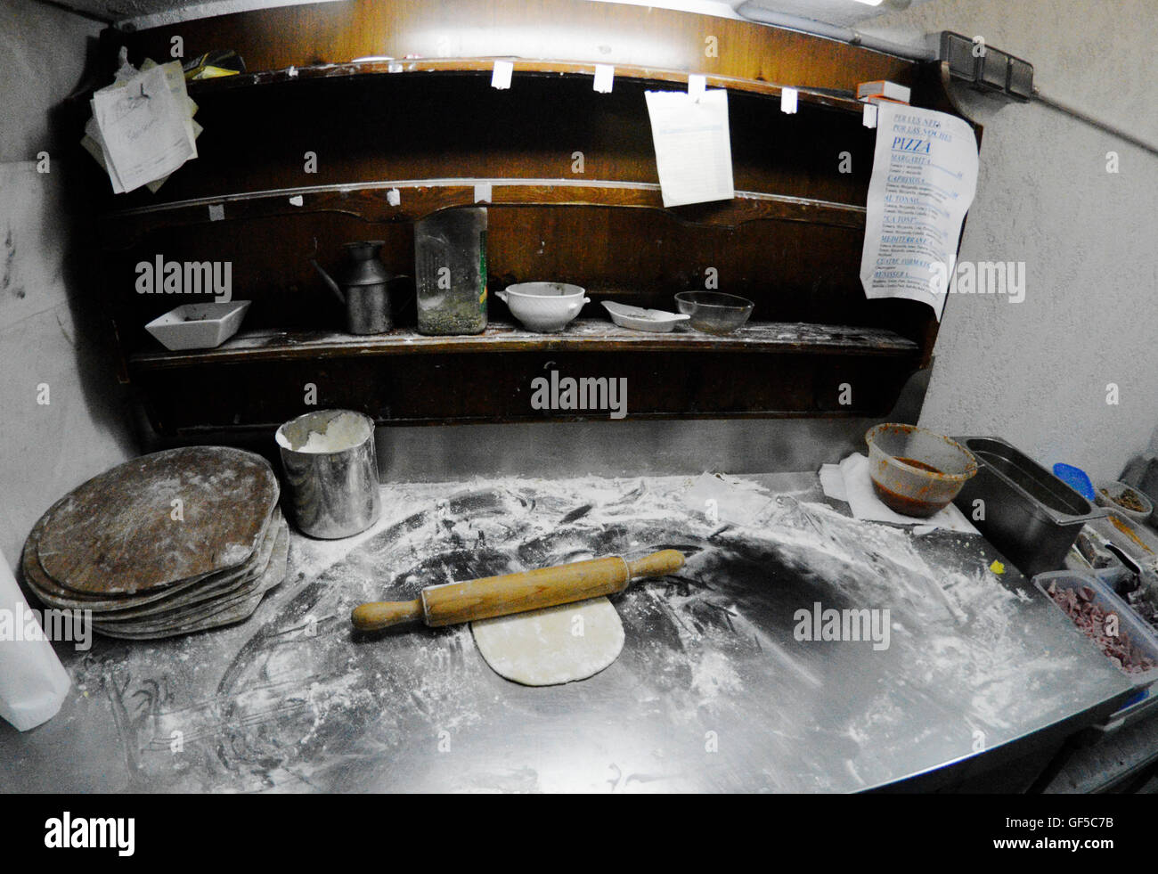 Station for pizza preparation Stock Photo - Alamy