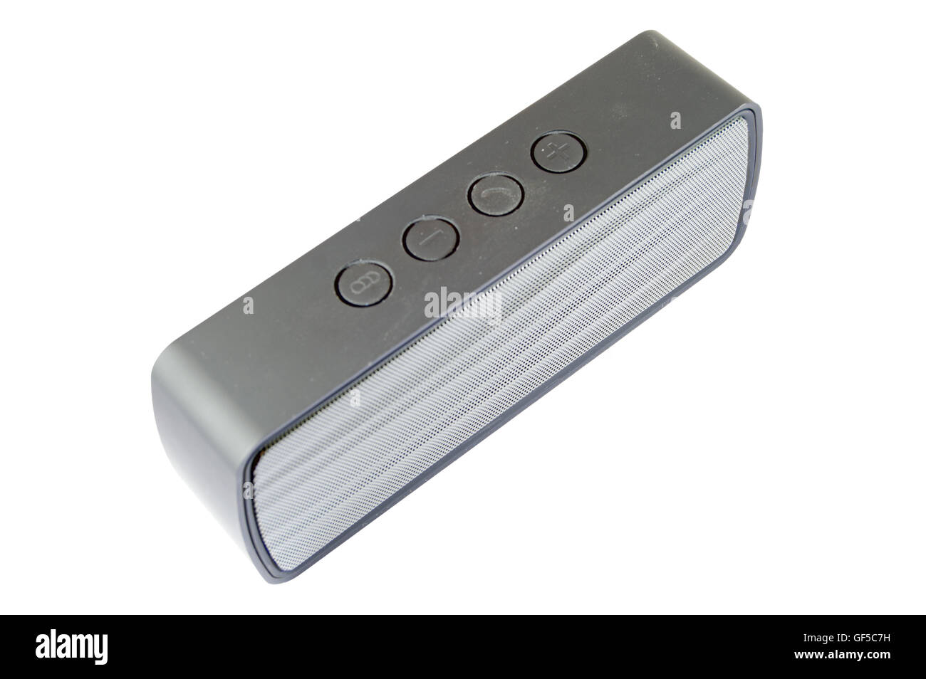 A black and gray portable bluetooth speaker on a white background Stock ...