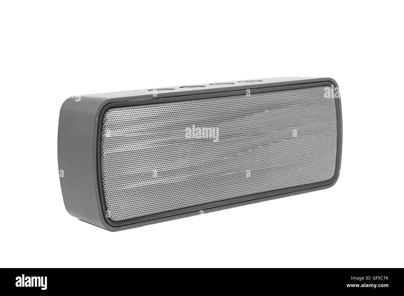 A black and gray portable bluetooth speaker on a white background Stock ...