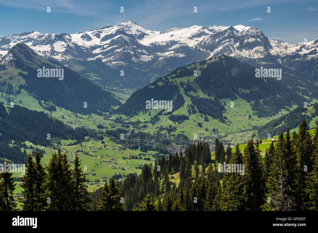Town of Gstaad embedded in a valley surrounded by snowy mountains of ...