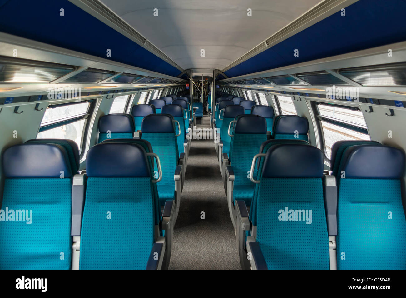 Empty upper deck of a Schindler Waggon IC2000 passenger train carriage ...