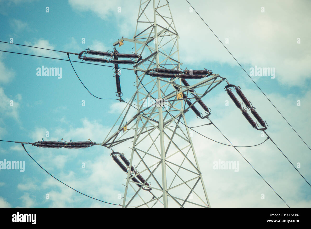 High voltage electric pole with wires, line of electricity ...