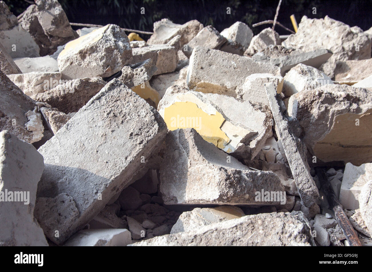 Concrete stones and bricks scrap after a demolition of an old building ...