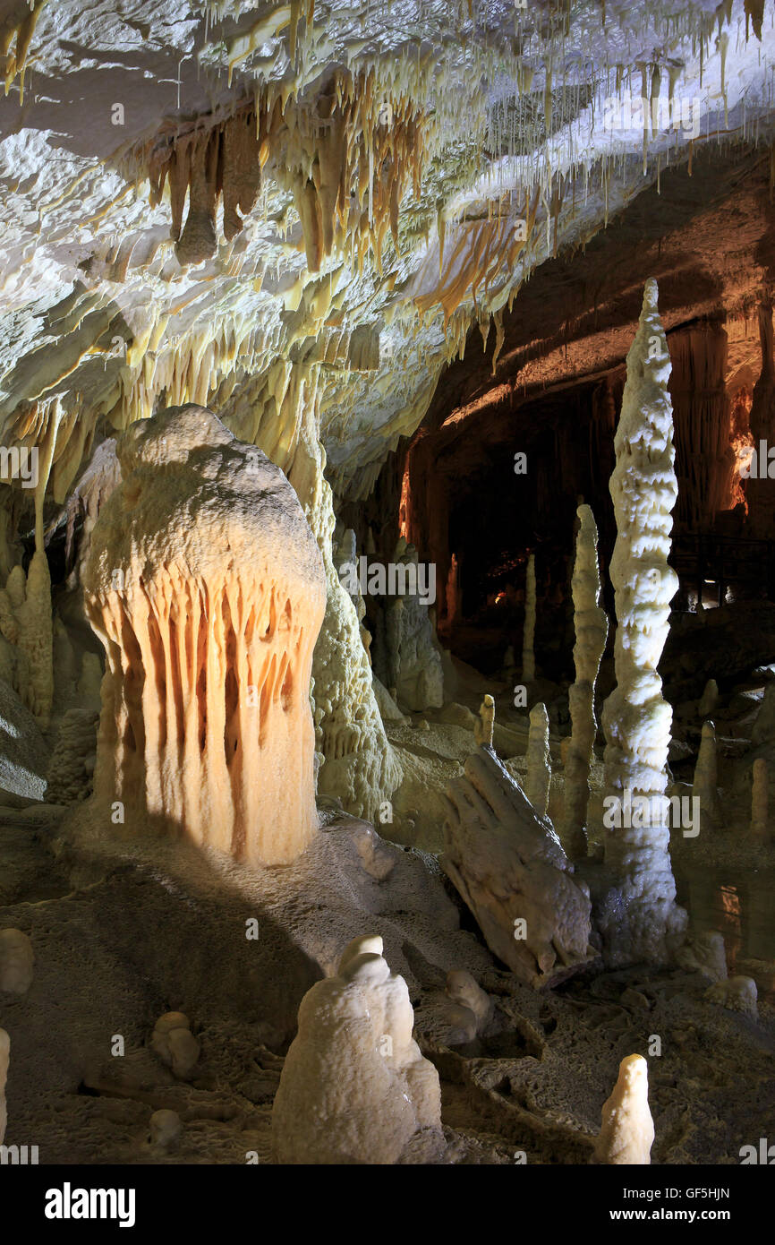 Limestone stalagmites, straws and a drapery at the Postojna Cave in ...