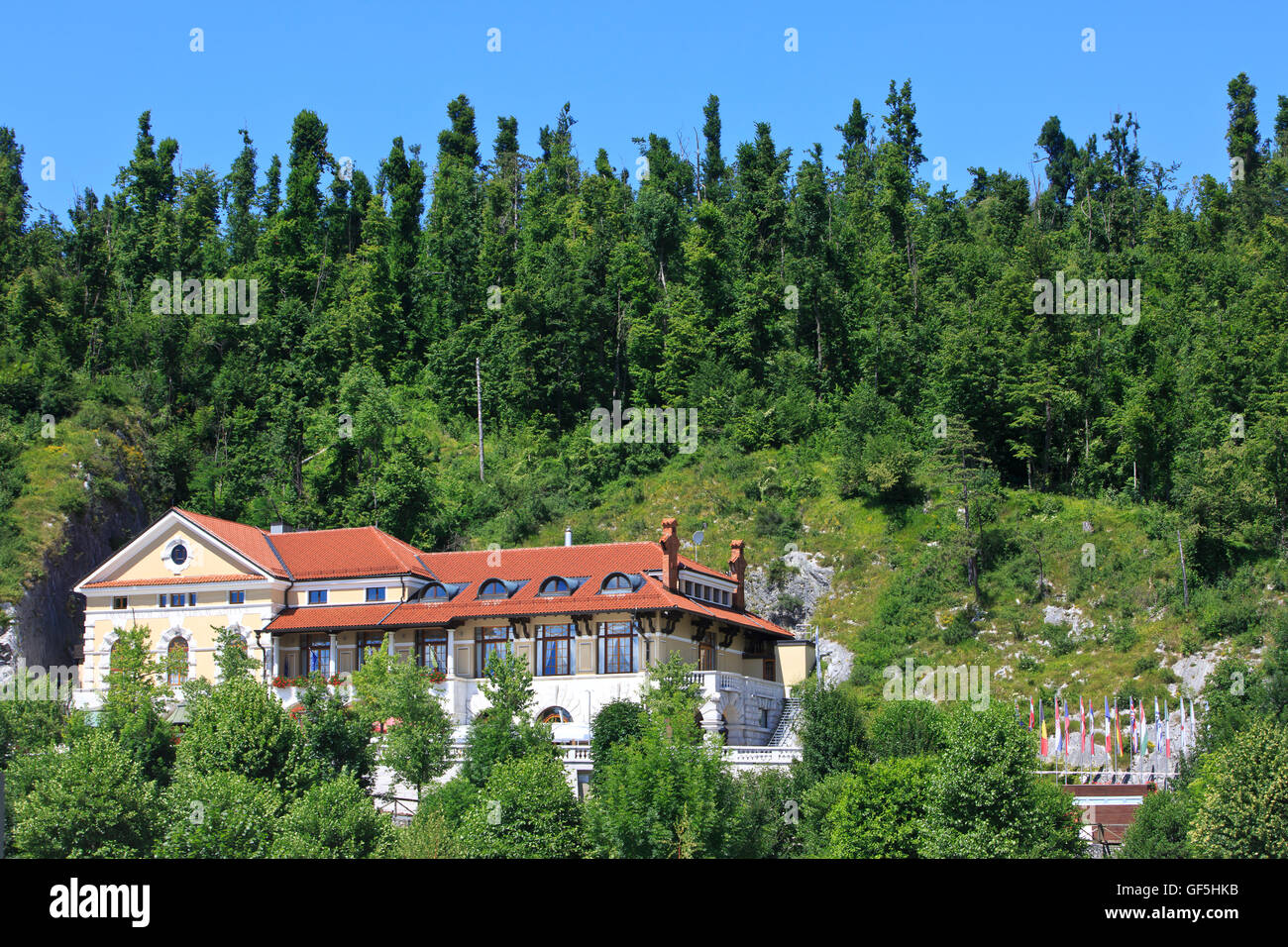 The main entrance to the caves of the Postojna Cave Park in Postojna ...