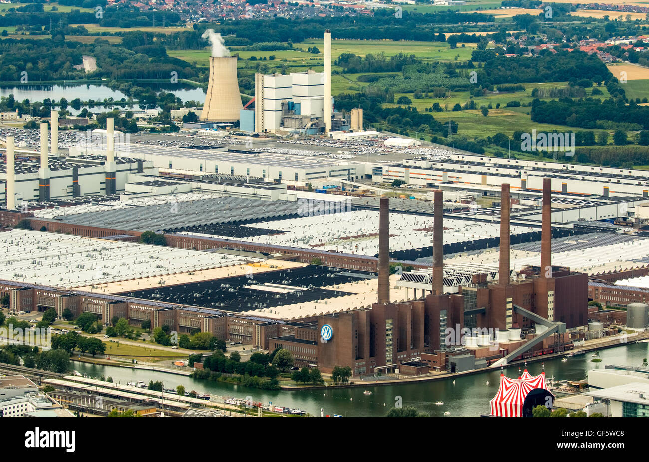 Aerial view, Volkswagen Wolfsburg plant with cogeneration VW South ...