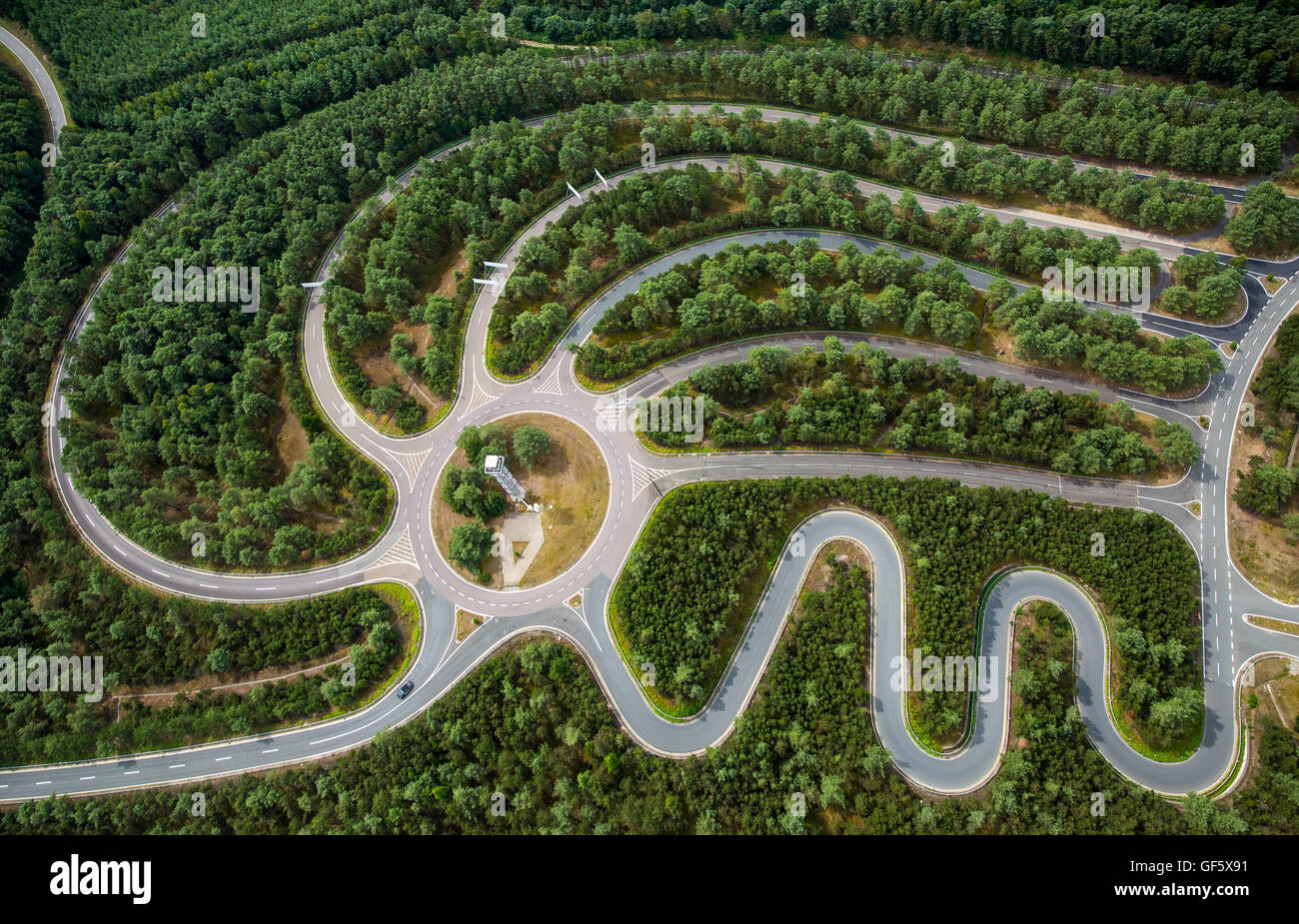 Aerial view, Volkswagen AG test track Ehra-Lessien, roundabout, slopes ...
