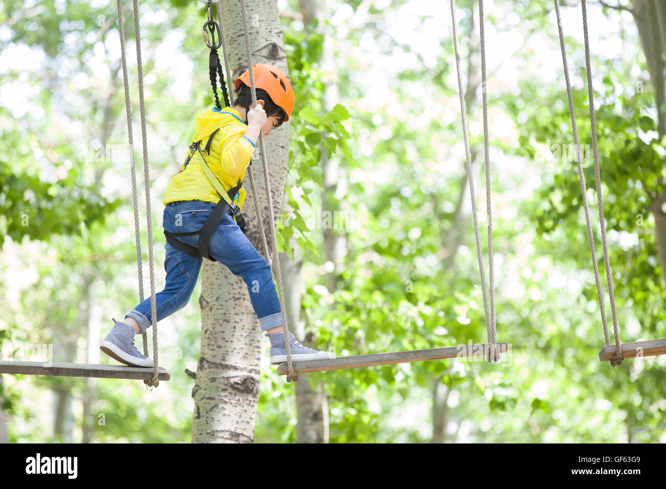 Little Chinese boy playing in tree top adventure park Stock Photo - Alamy