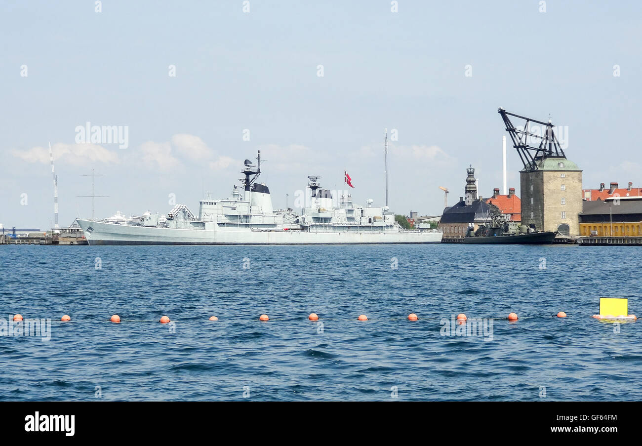 waterside scenery with warship in Copenhagen, the capital city of ...
