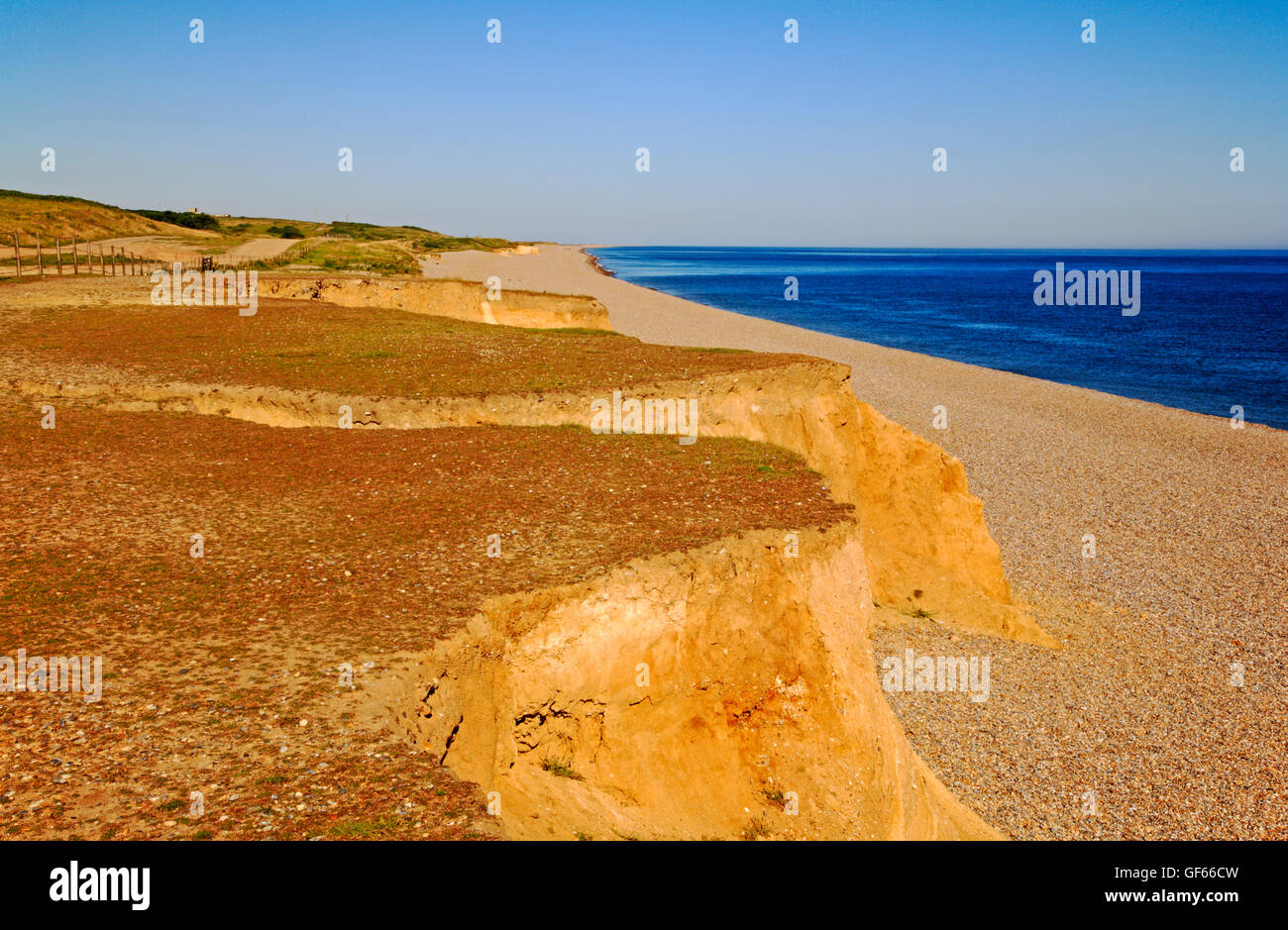 A view of low eroded soft glacial cliffs in North Norfolk at Weybourne ...