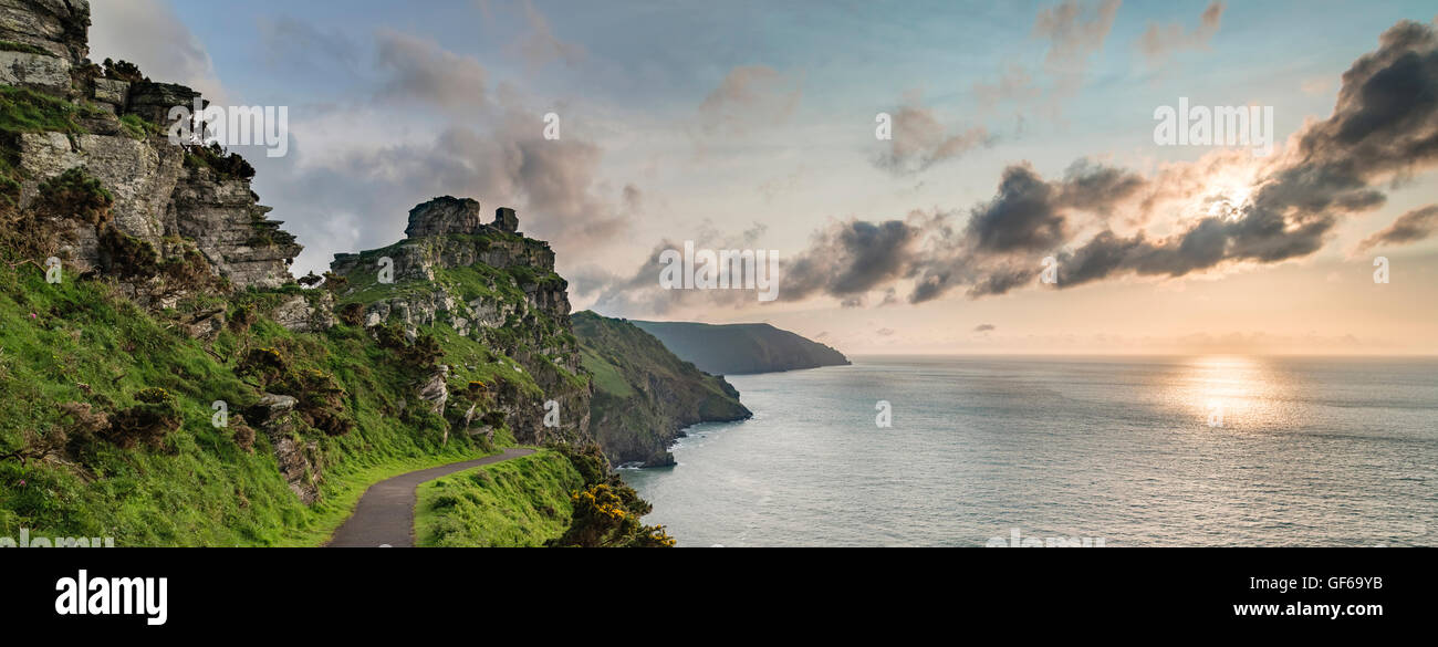 Panorama landscape of Valley Of The Rocks in Devon England Stock Photo ...
