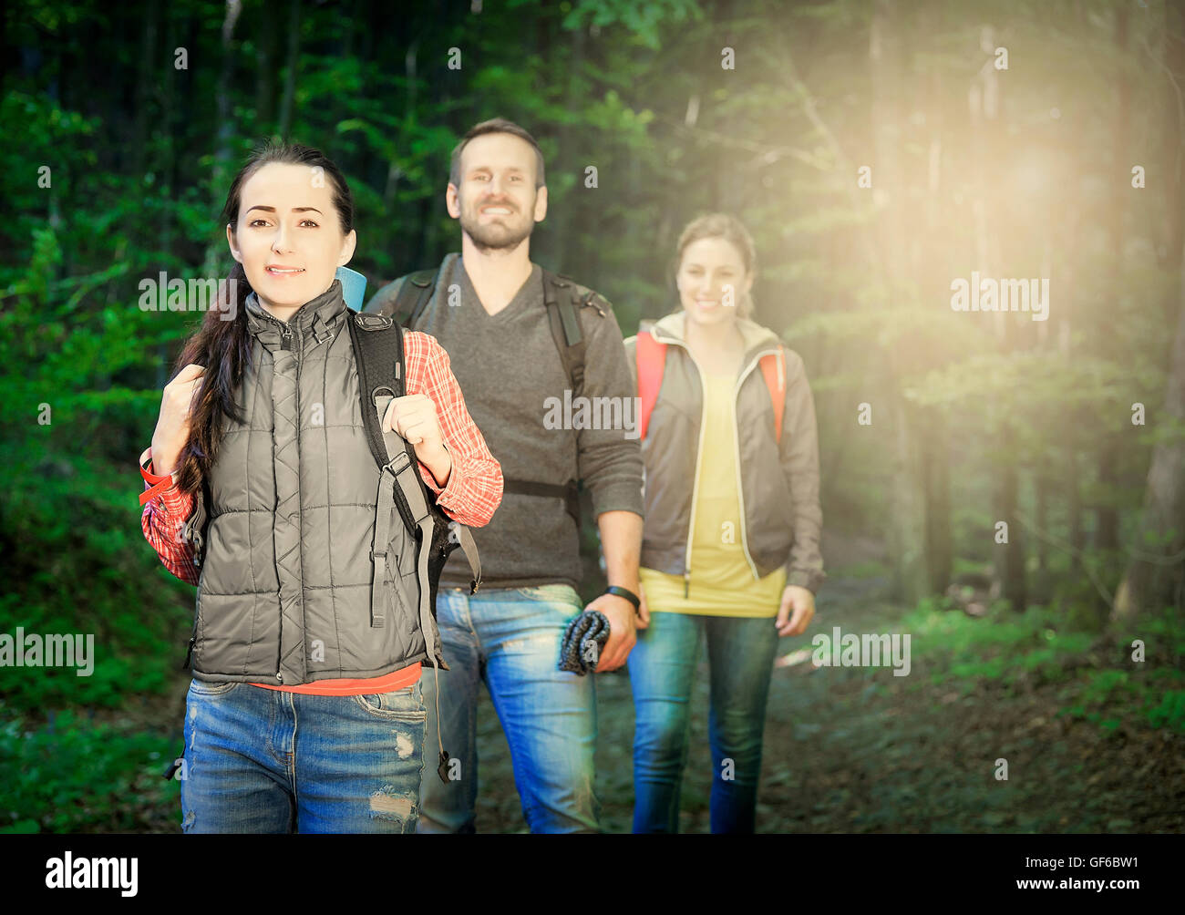 Friends in the forest. Hikers in forest at sunset Stock Photo - Alamy