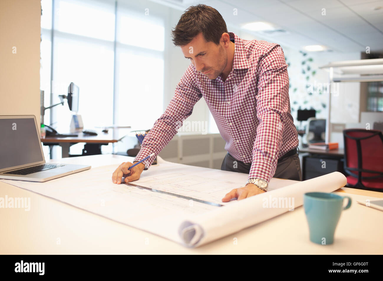 Portrait of man looking at blueprint in office Stock Photo - Alamy