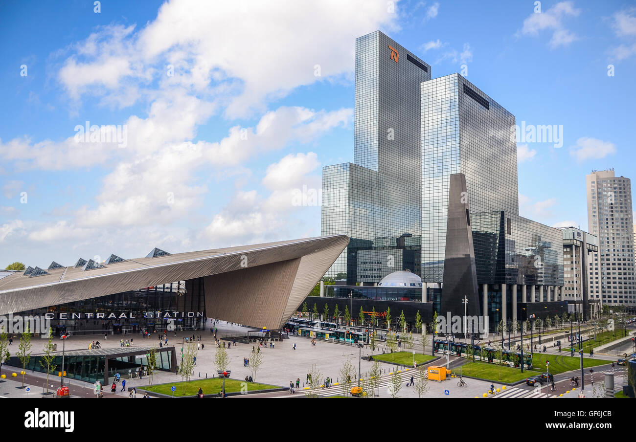 City skyline and new Rotterdam Central Station, an important transport ...