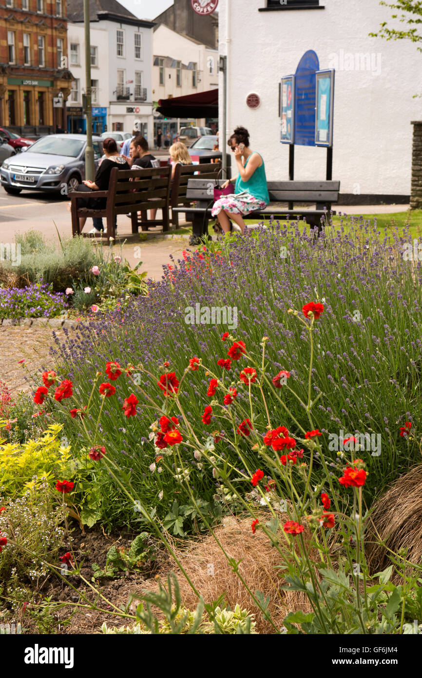 UK, England, Devon, Honiton, High Street, floral planting outside St ...