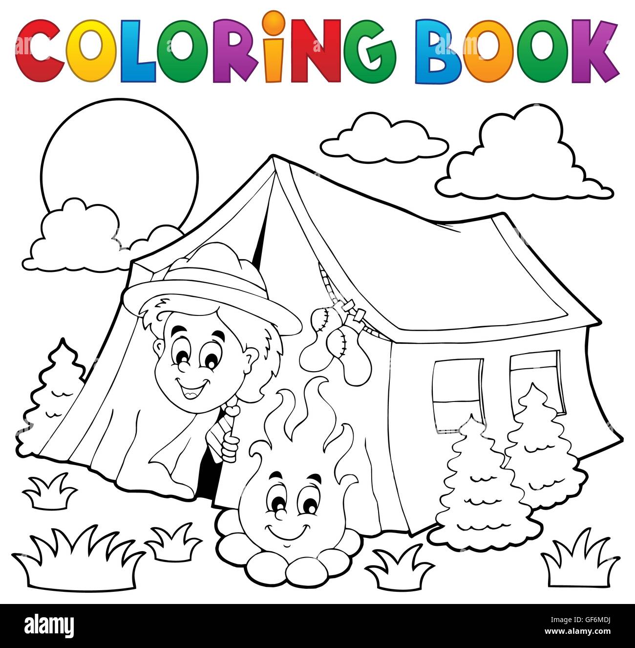 Coloring book scout camping in tent - picture illustration Stock Photo ...