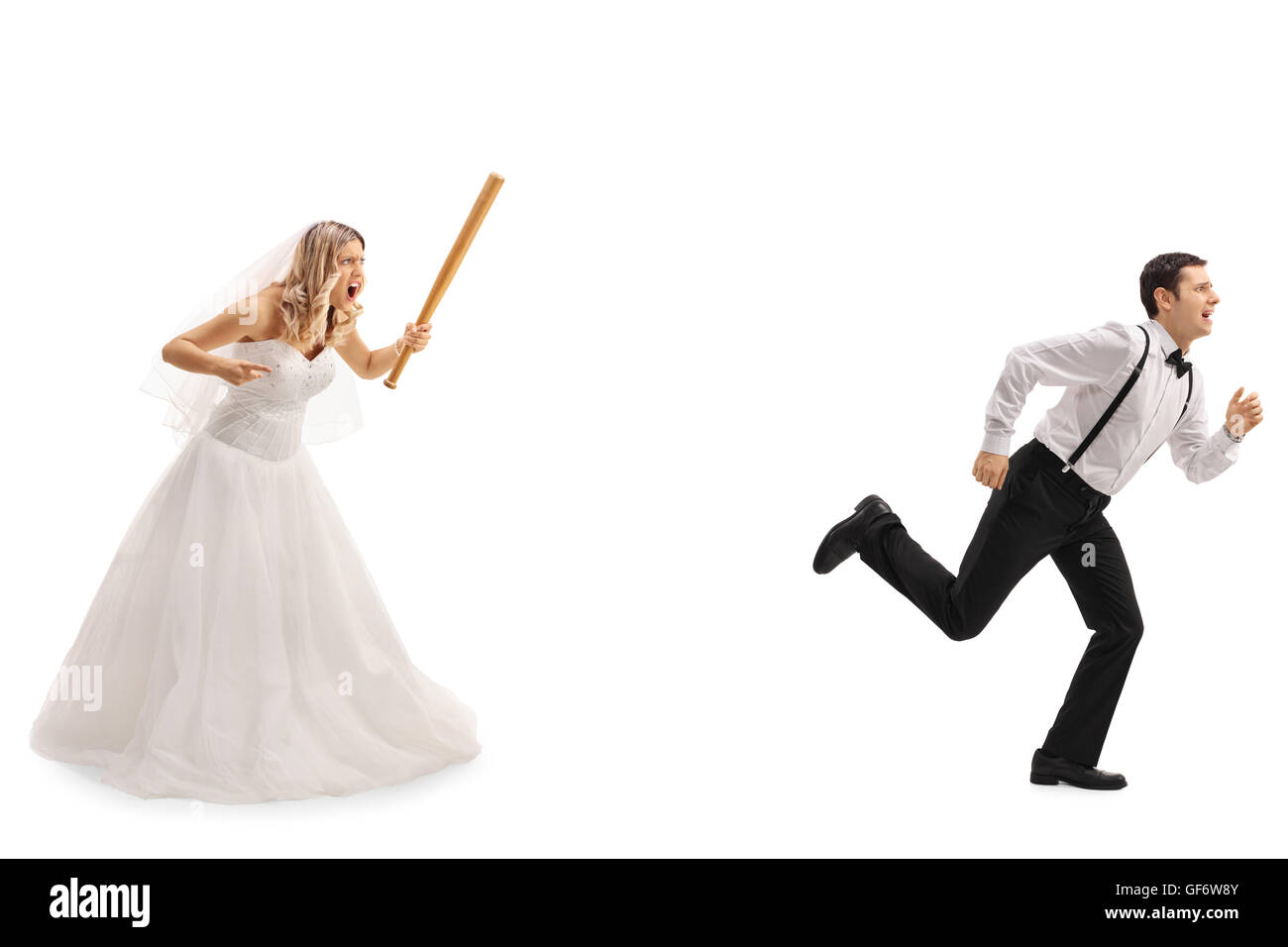 Angry bride chasing the groom with a baseball bat isolated on white ...