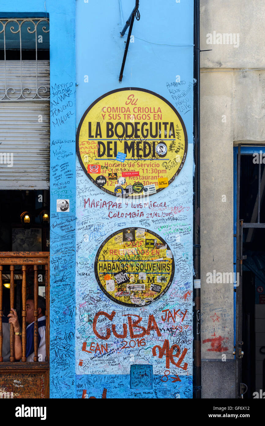 Graffitied wall sign outside La Bodeguita del Medio in Old Havana, Cuba ...