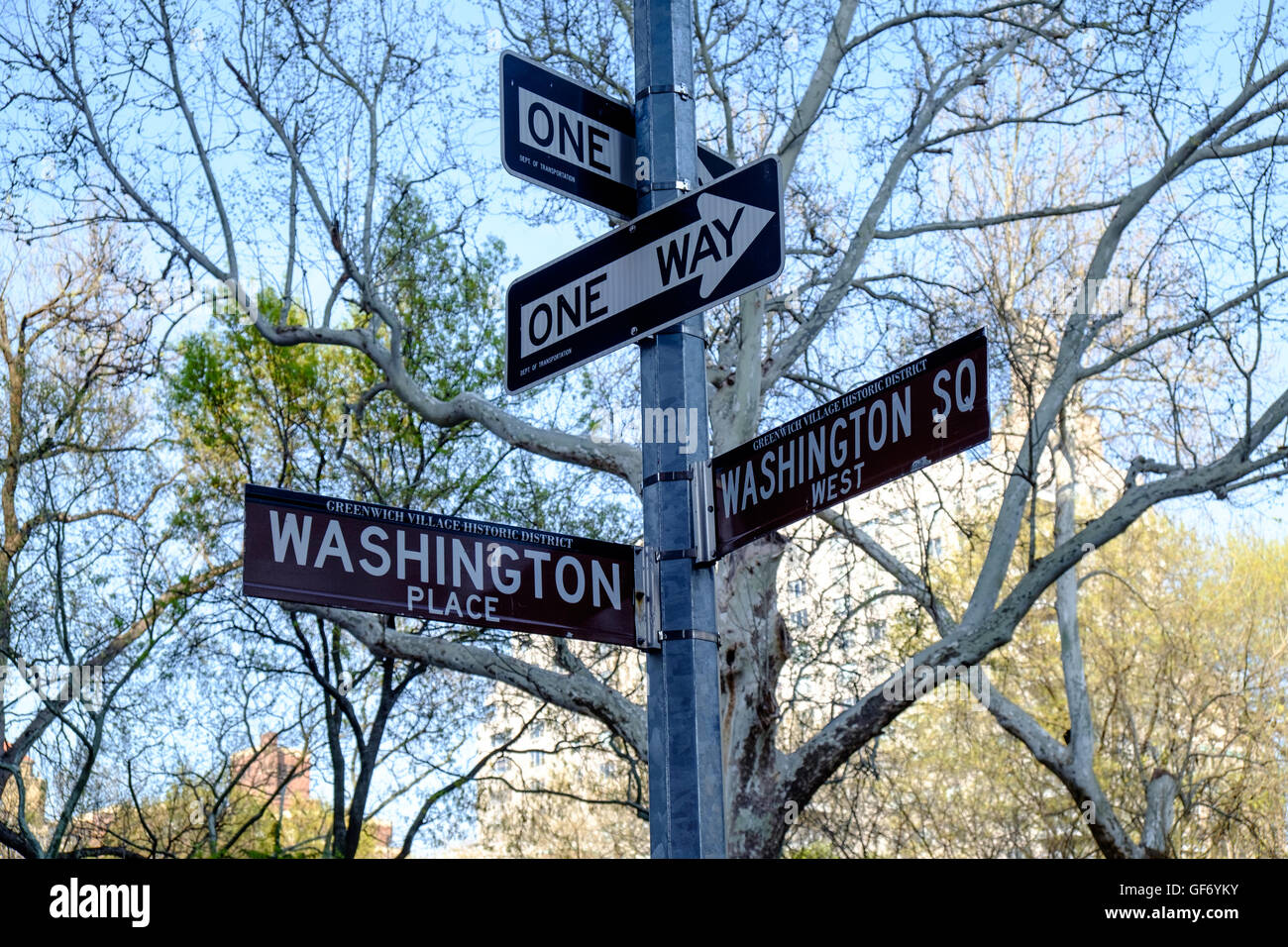 Street signs in Washington Square, Greenwich Village, New York, USA ...