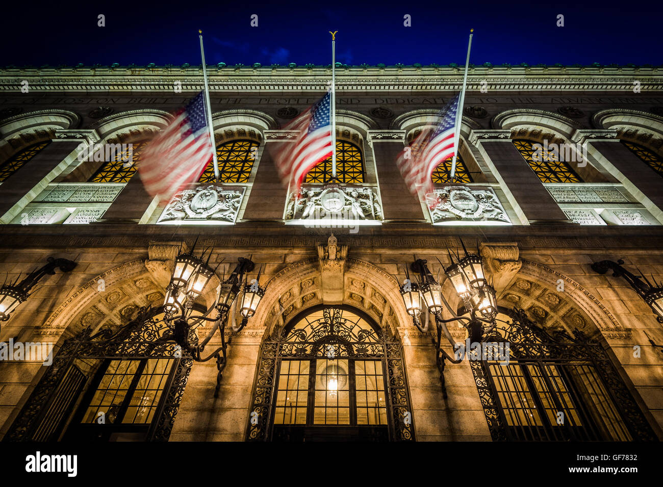 The exterior of the Boston Public Library at night, at Copley, in Bay ...