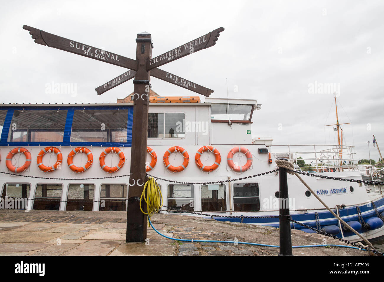 An exhibit showing signage on the dockside next to the King Arthur boat ...