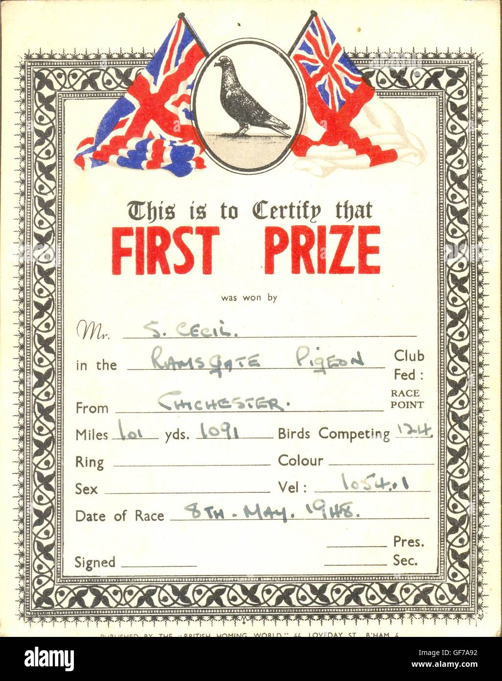 First Prize card given by Ramsgate Pigeon Club for racing from ...